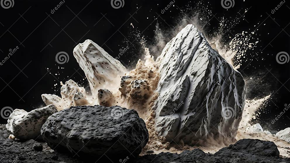 Exploding Rock with Debris Flying in a Dramatic Scene Stock ...