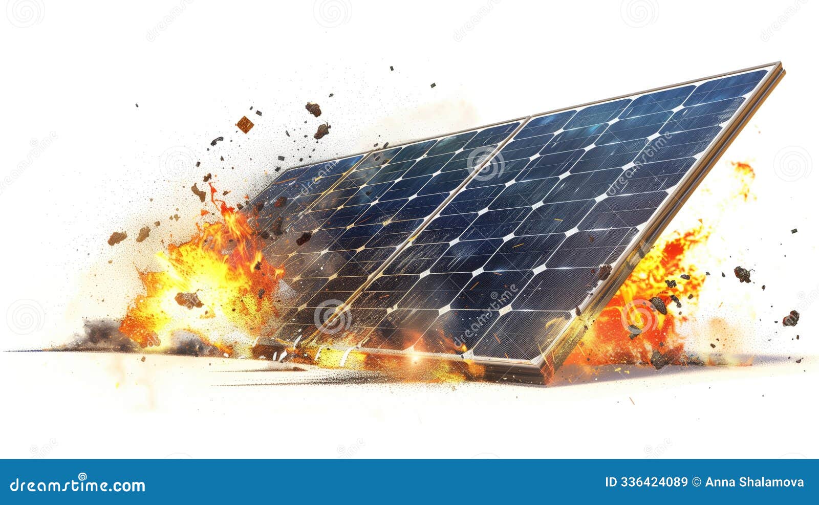 Exploding Solar Panel with Fire and Debris. Stock Image - Image of ...