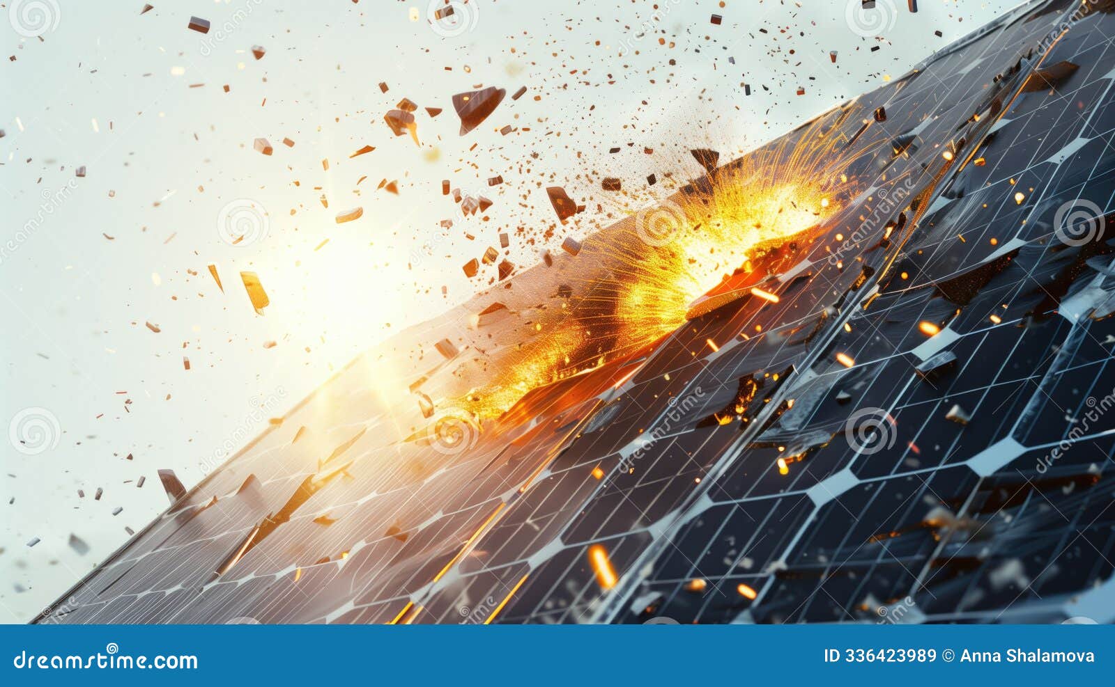 Exploding Solar Panels with Debris Flying in Dramatic Scene. Stock ...