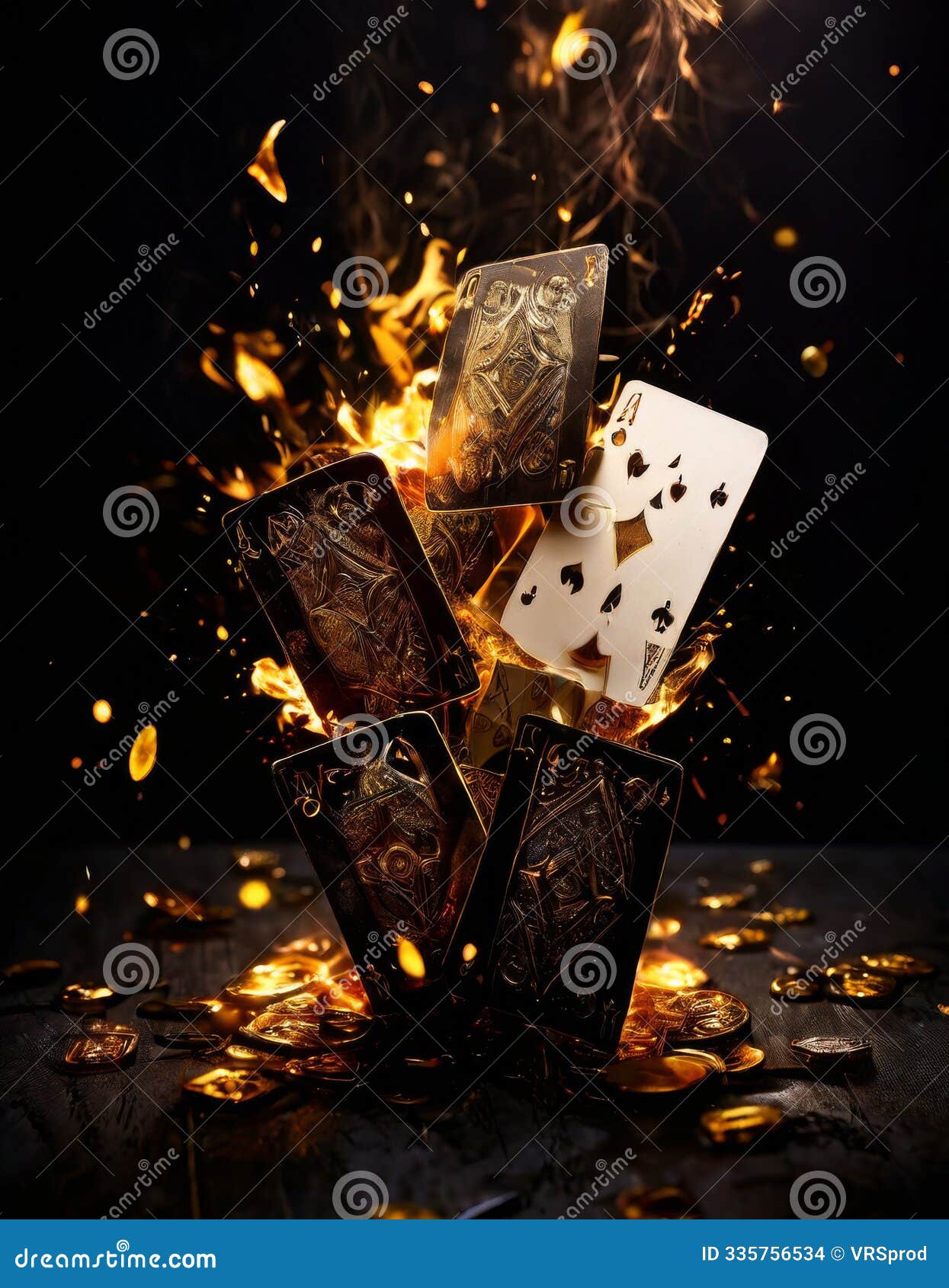 Exploding Stack of Playing Cards Surrounded by Fire and Gold Coins ...