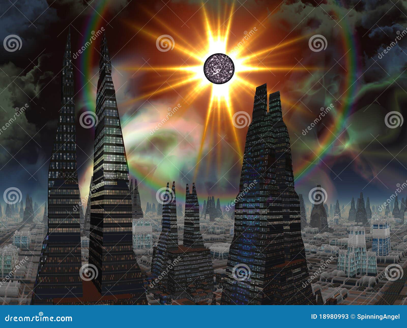 Exploding Star Over Futuristic City Skyline Stock Illustration ...