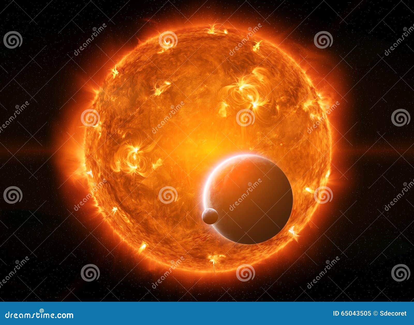 Exploding Sun in Space Close To Planet Earth and Moon Stock ...