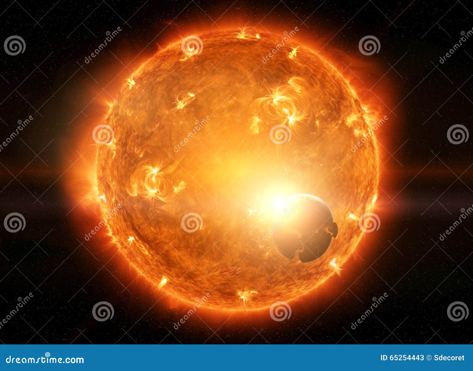 Exploding Sun in Space Close To Planet Earth and Moon Stock ...