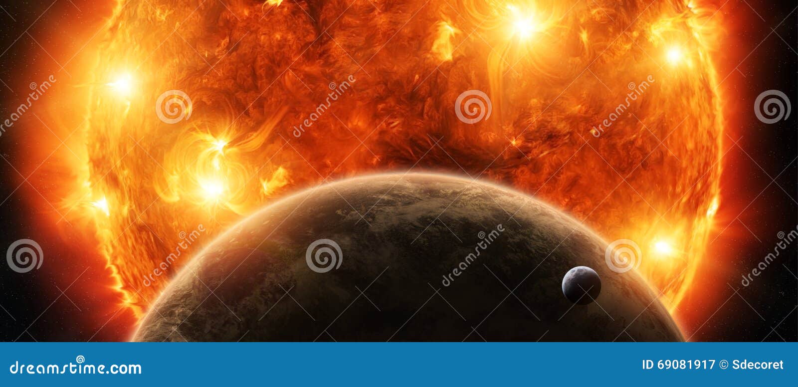 Exploding Sun in Space Close To Planet Earth and Moon Stock ...