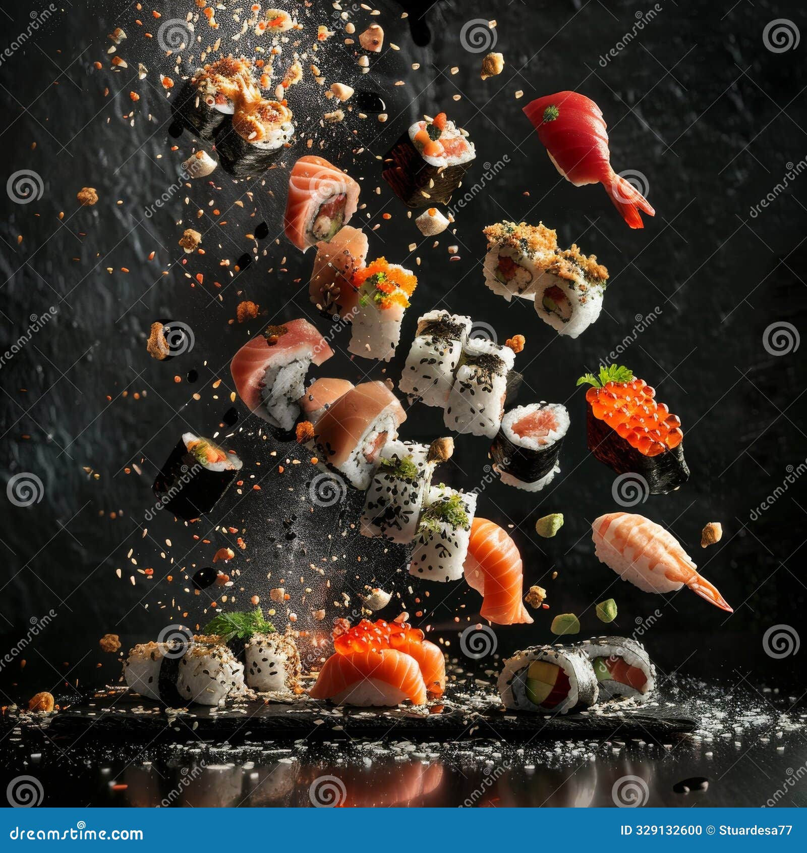 Exploding Sushi Assortment in Dynamic Mid-air Display Stock Photo ...