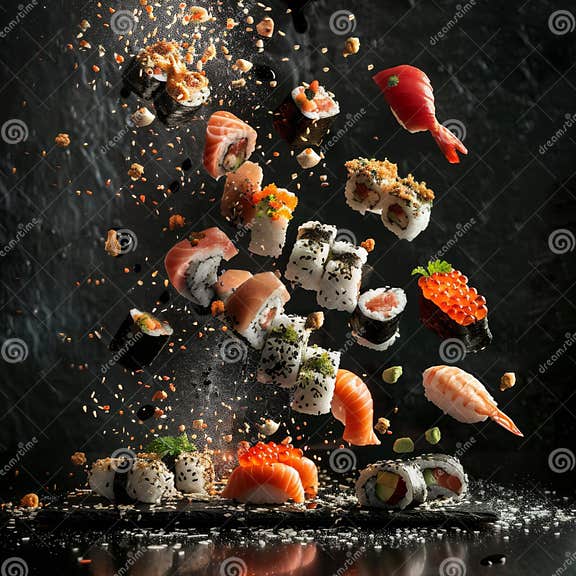 Exploding Sushi Assortment in Dynamic Mid-air Display Stock Photo ...