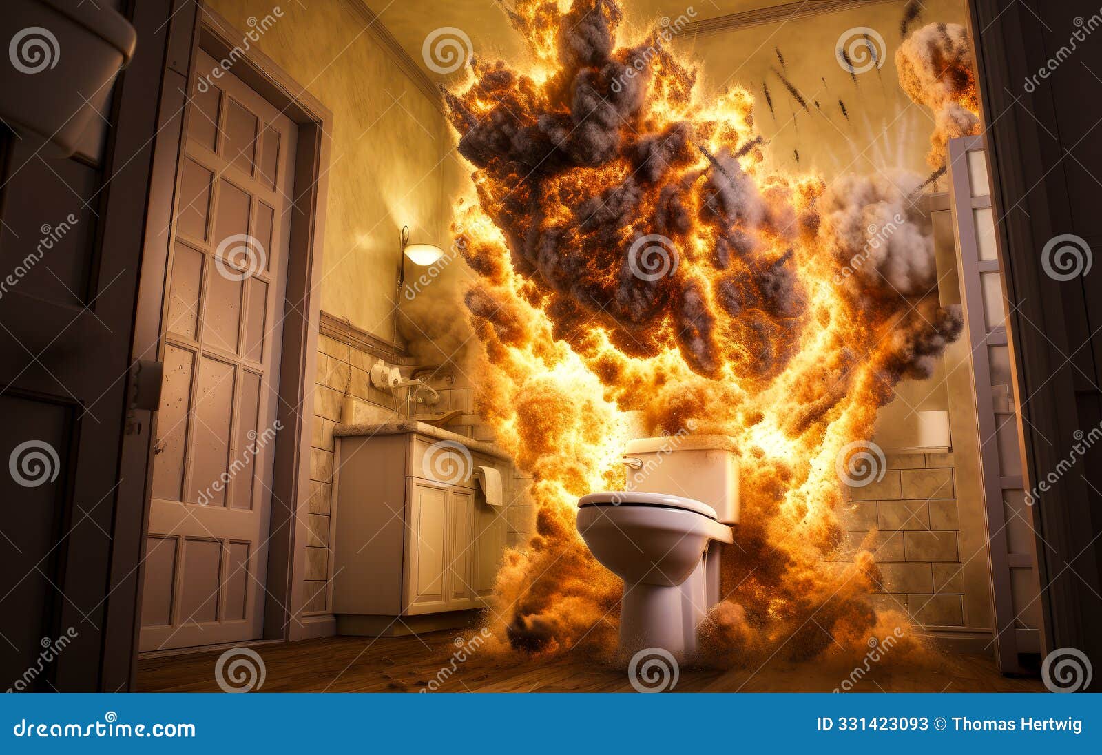 Exploding Toilet Bowl with Fire and Smoke. Plumbing Concept, Generative ...