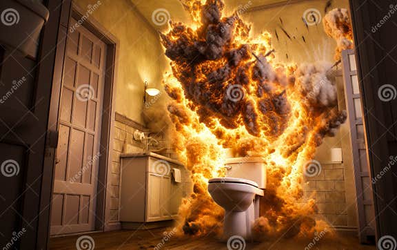 Exploding Toilet Bowl with Fire and Smoke. Plumbing Concept, Generative ...
