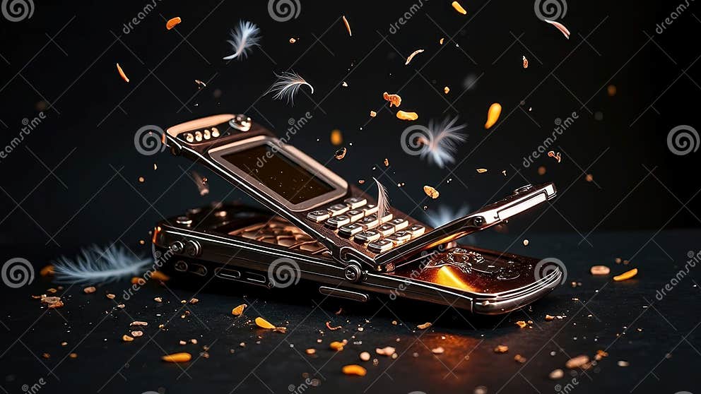 Exploding Vintage Flip Phone with Flying Debris and Feathers Against ...