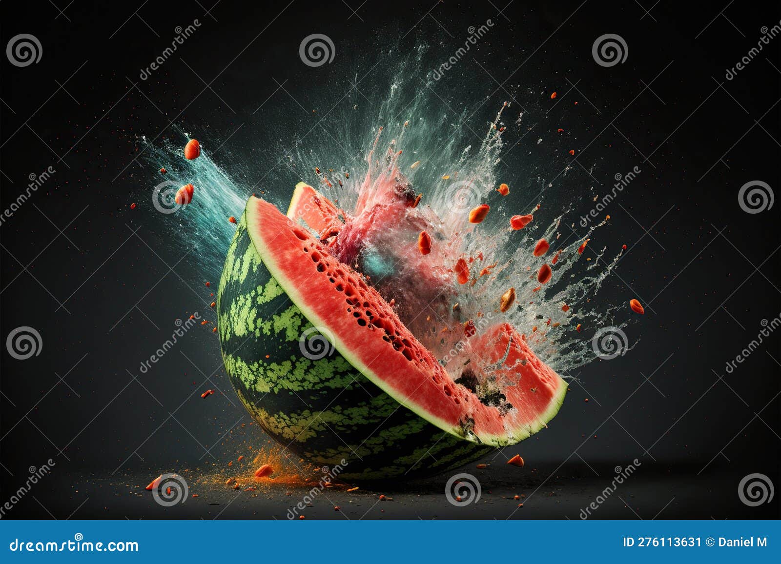 Exploding Watermelon with Splashes and Drops of Water on a Black ...