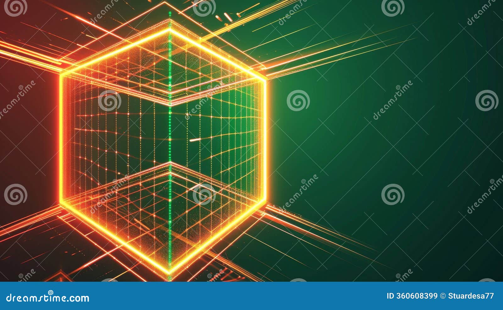 Exploding Wireframe Cube with Golden Light on Green Background Stock ...