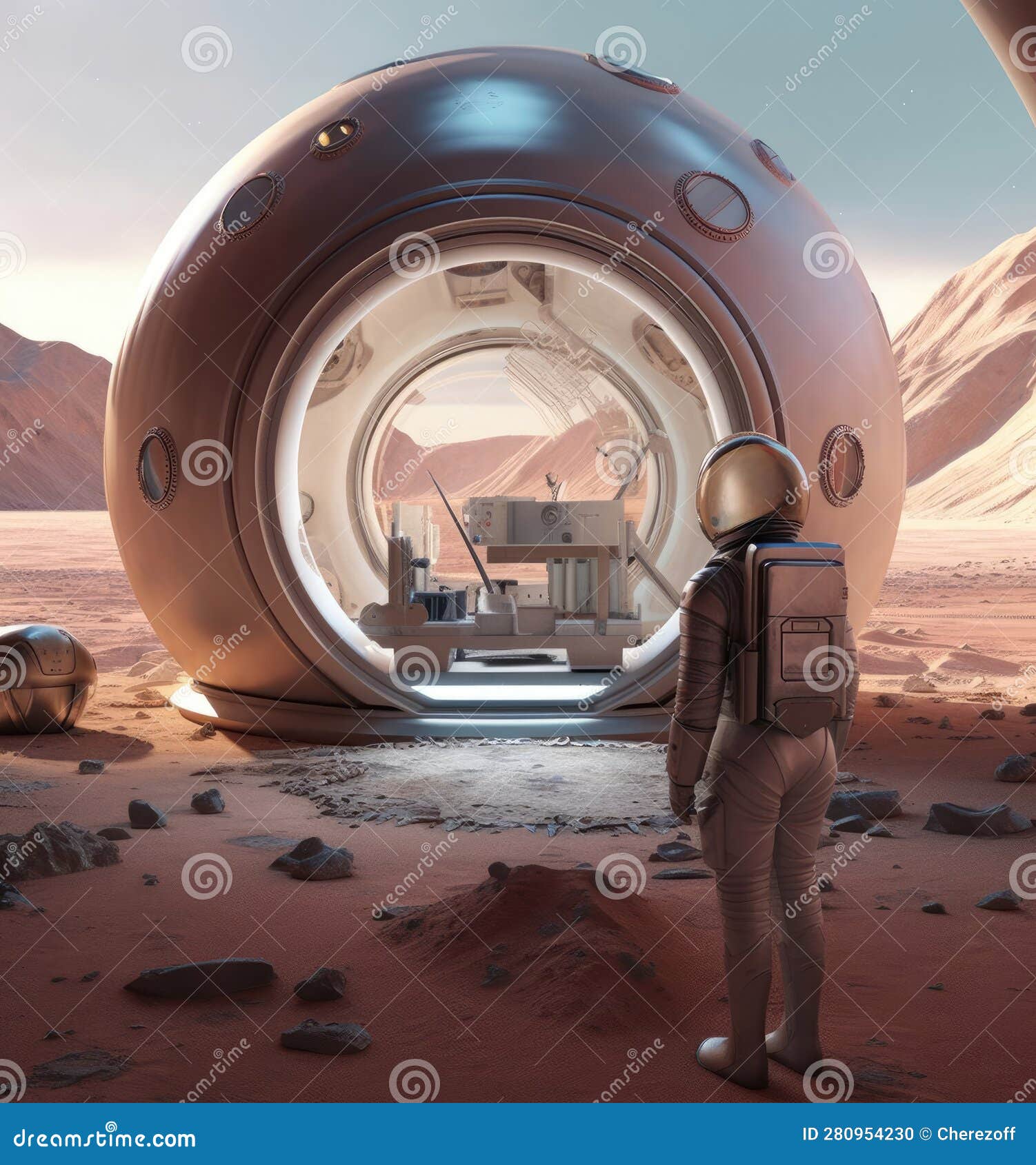 Exploration of Mars. Station on Mars and Astronaut Stock Illustration ...