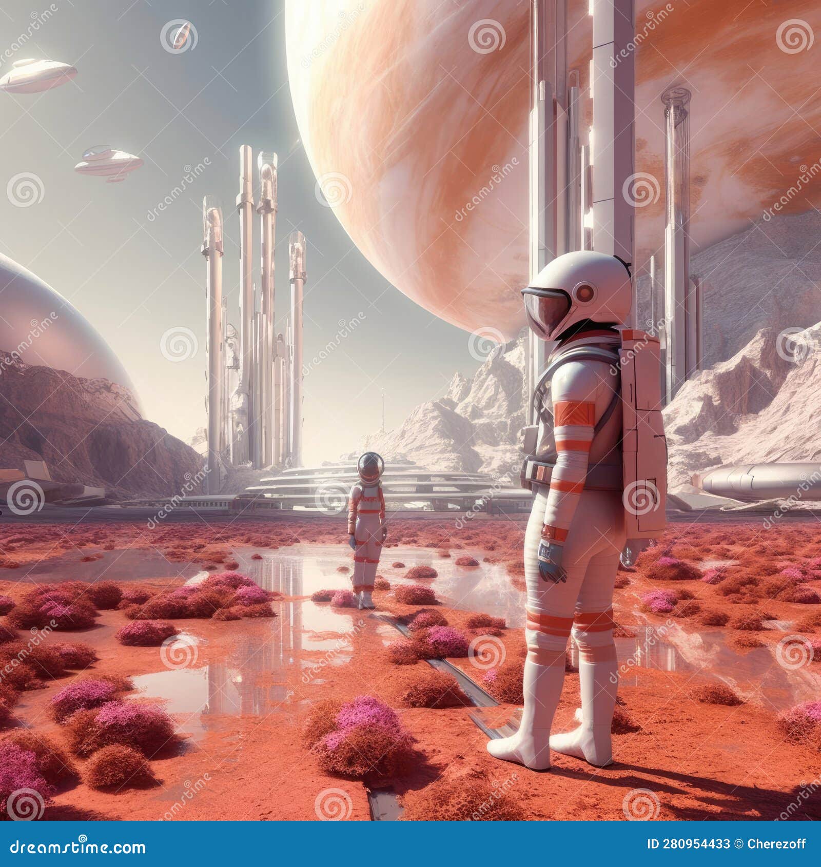 Exploration of Mars. Station on Mars and Astronaut Stock Illustration ...