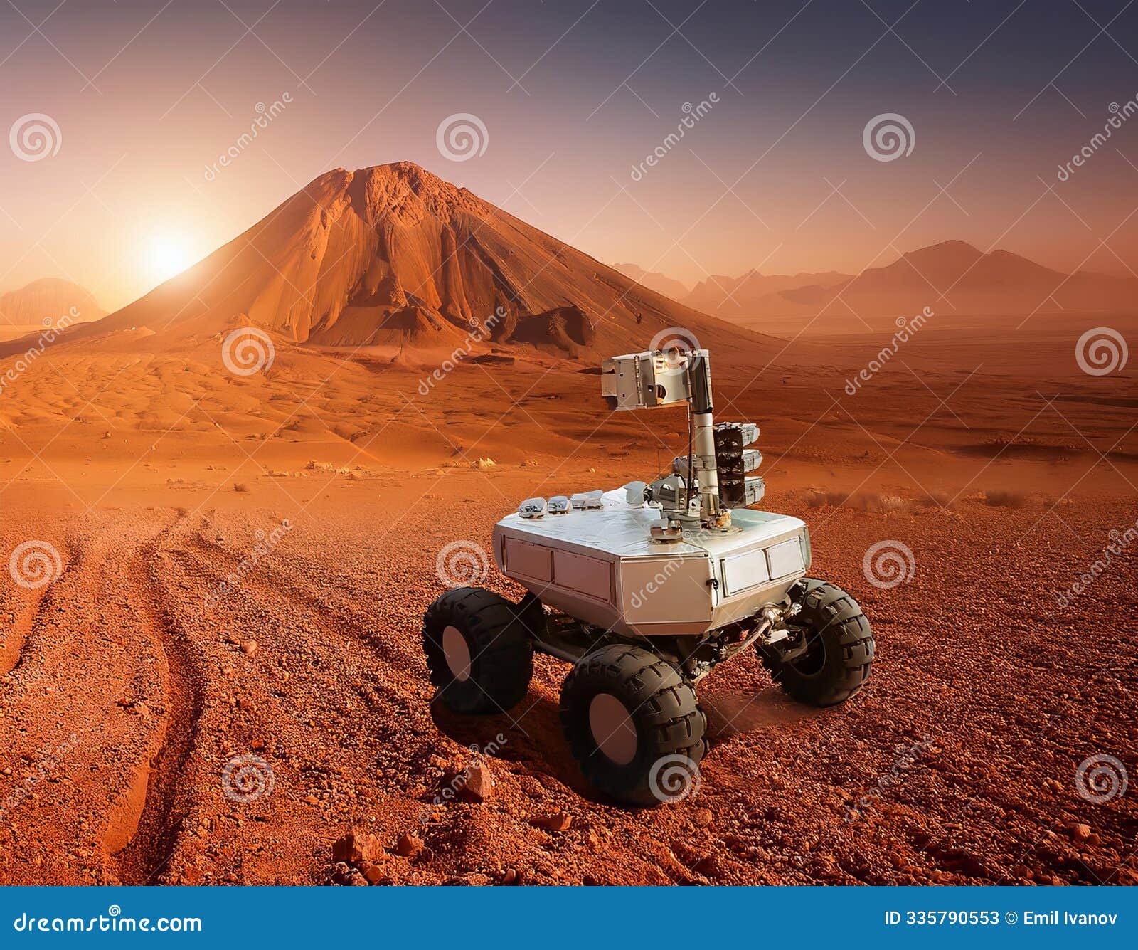 Exploration Rover Exploring Surface of Mars at Sunset Stock Illustration - Illustration of ...