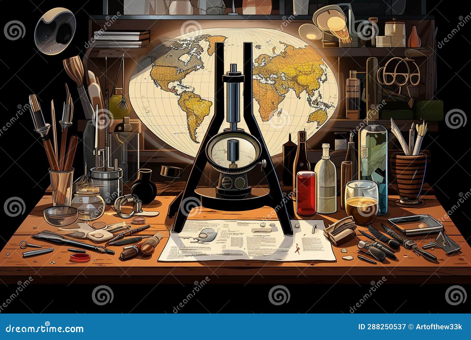 Exploration Tools on Mahogany Table with Magnifying Glass and World Map ...