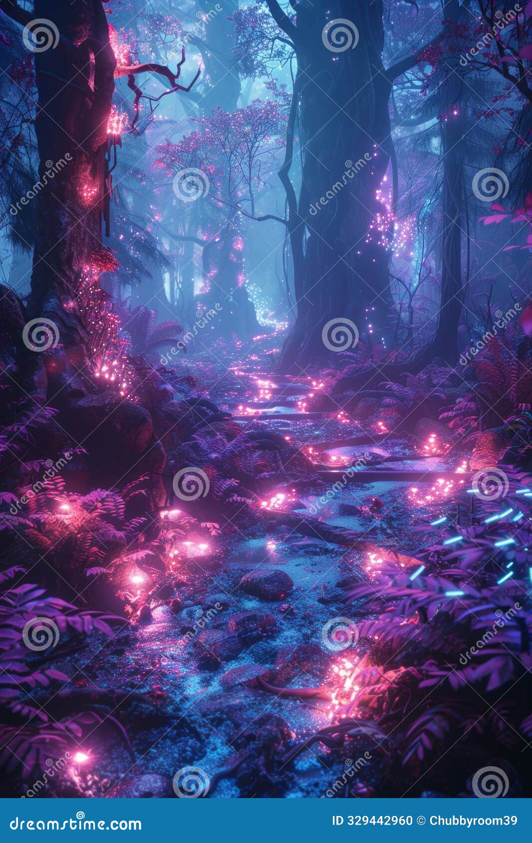 Explore an Alien Forest with Neon-lit Paths and Glowing Plants. Stock ...