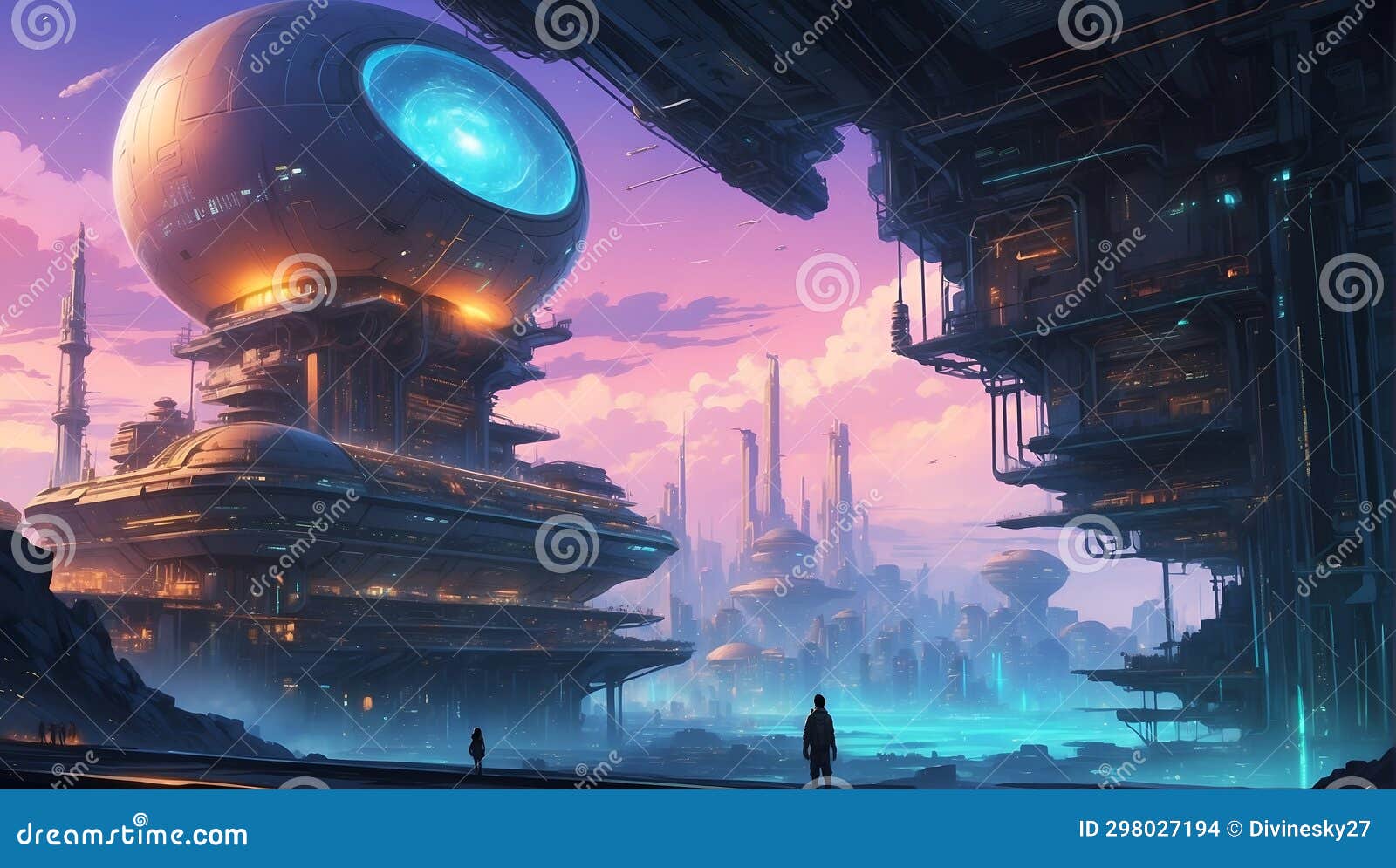 Anime-inspired Cosmos: Dynamic Spaceship and Industrial Vista. Ai ...