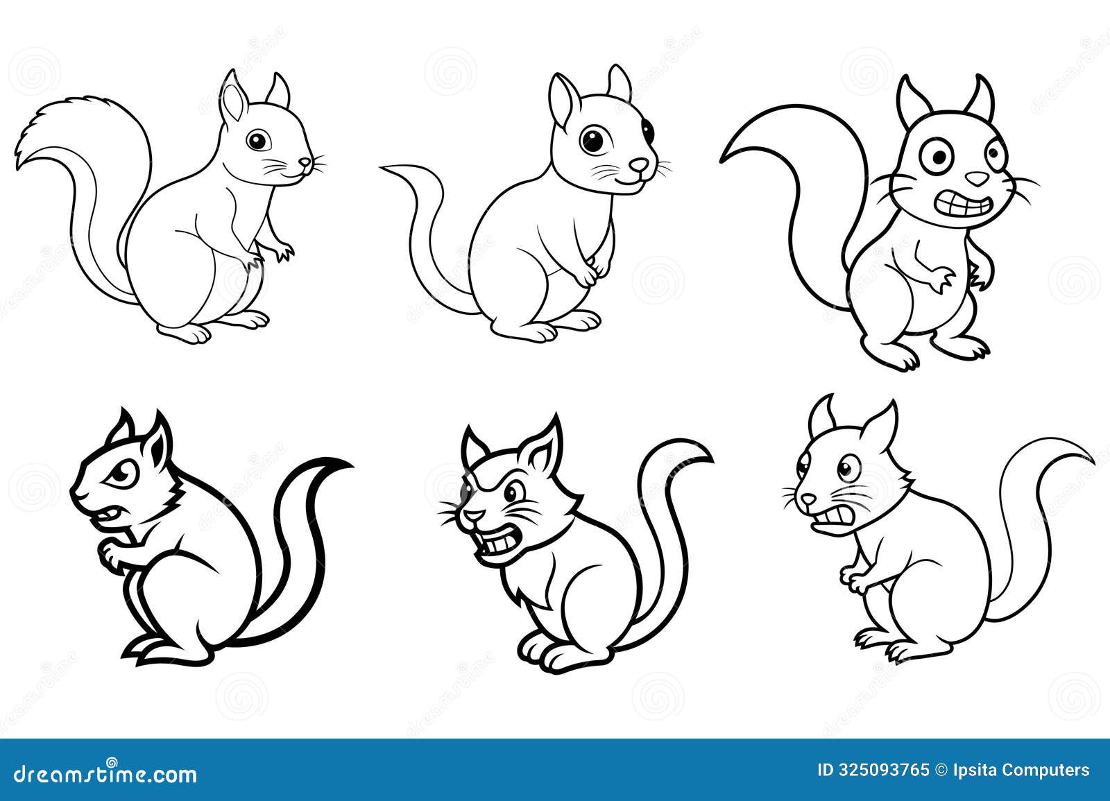 Set of Cute and Angry Squirrel Line Art Vector Illustration . Stock ...