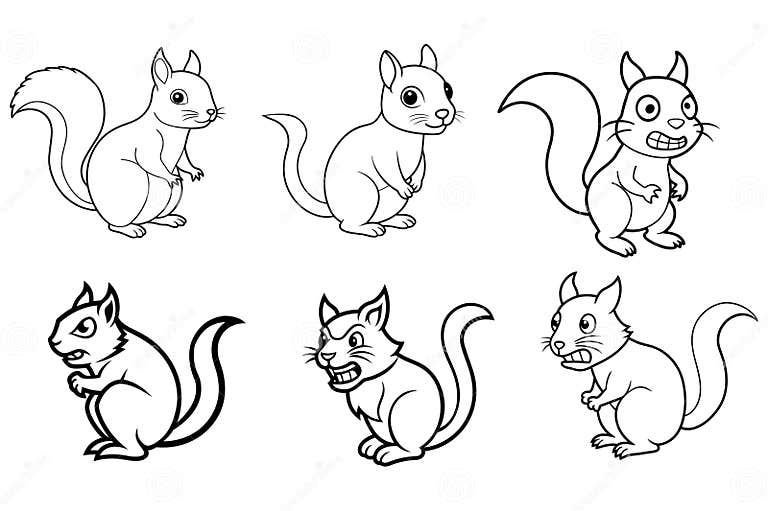 Set of Cute and Angry Squirrel Line Art Vector Illustration . Stock ...