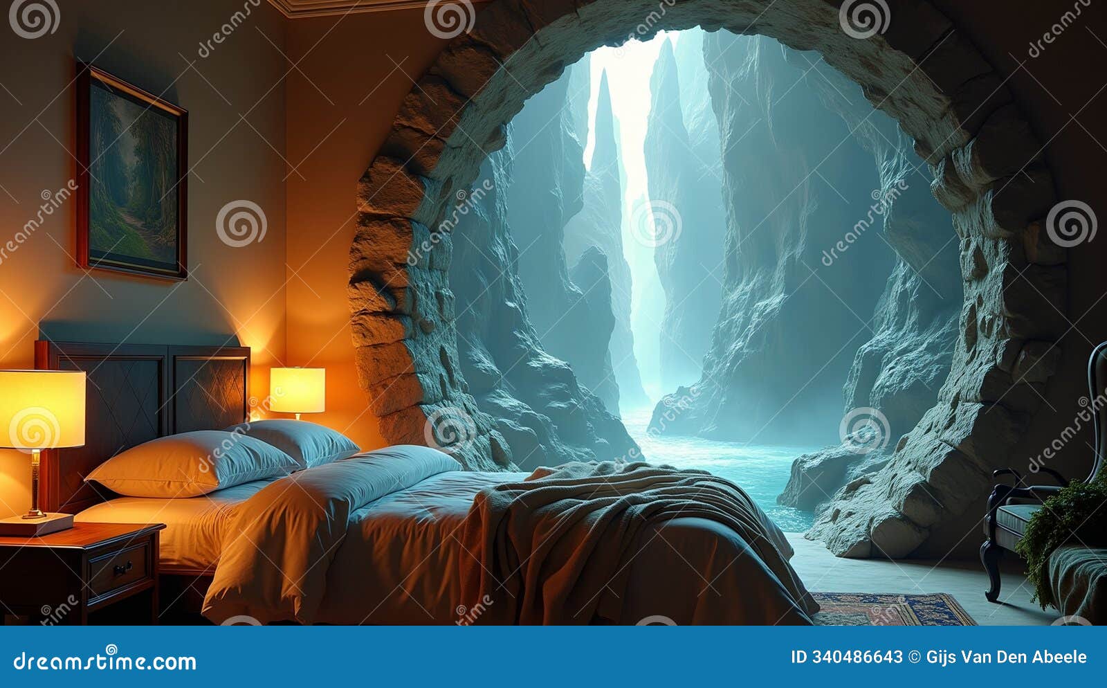Explore A Cozy Bedroom With A Mystical Crystal Cave Portal Stock ...