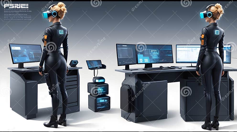 Futuristic Tech Workspace with VR Integration Stock Illustration - Illustration of office ...