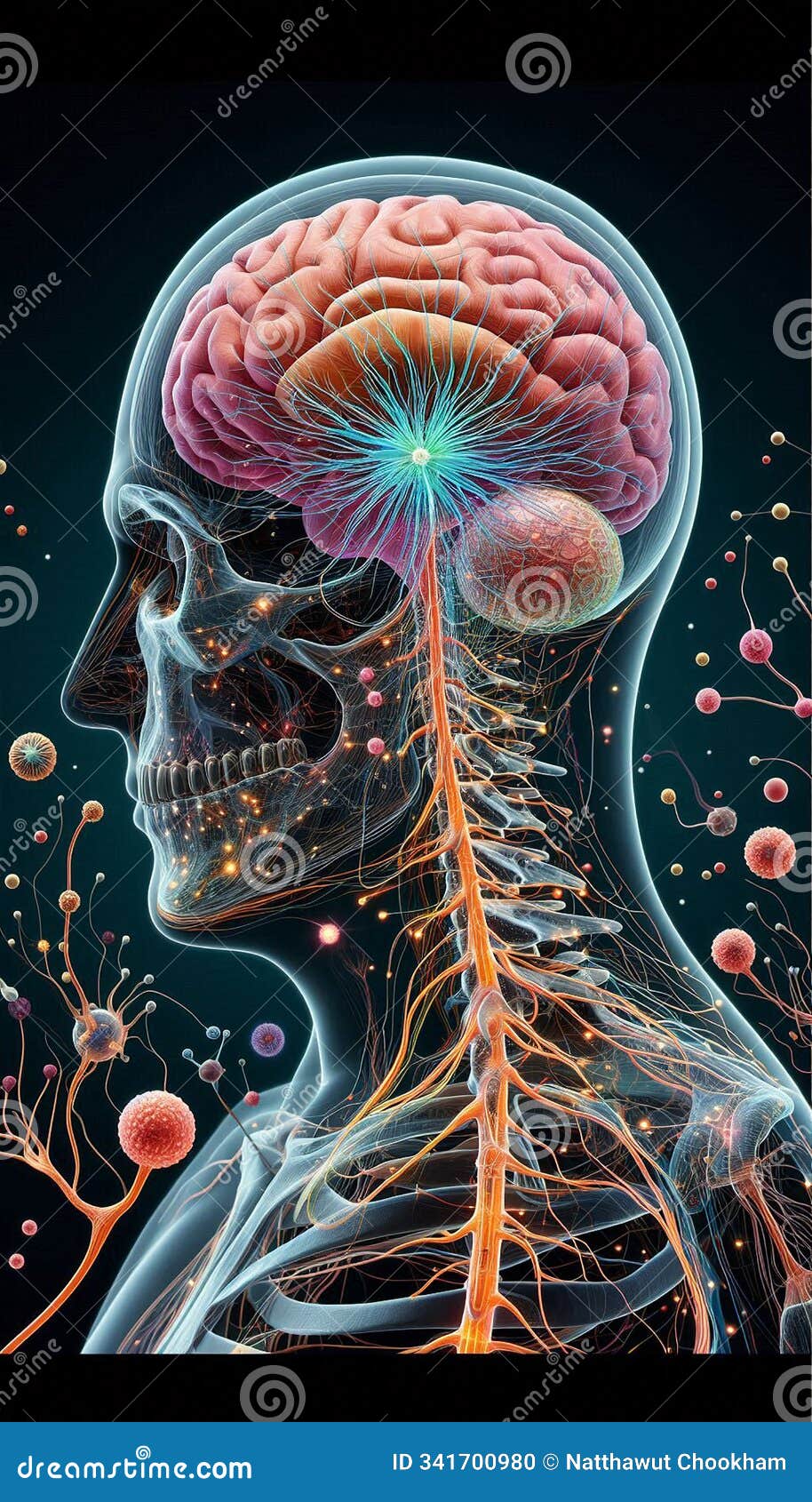 Human Anatomy with Neural Pathways and Microorganisms Stock ...