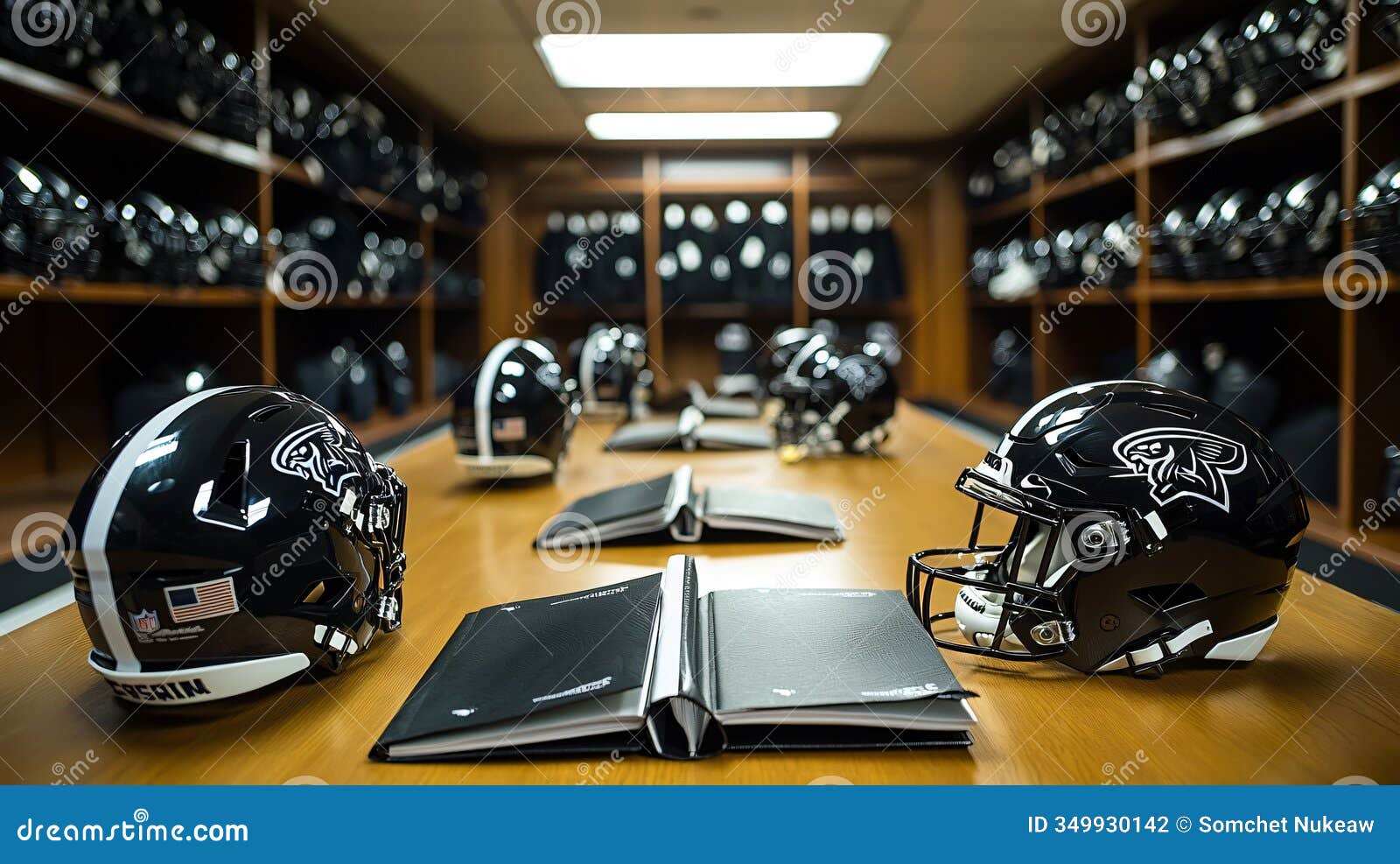 Explore a Dynamic Locker Room Setup Featuring Playbooks and Helmets ...