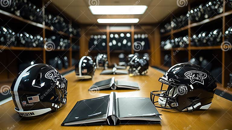 Explore a Dynamic Locker Room Setup Featuring Playbooks and Helmets ...