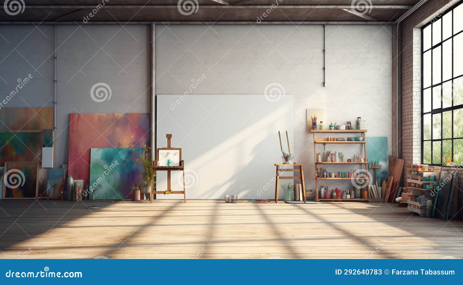 An Empty Art Studio with Plain Walls Paintings and Light Coming through ...