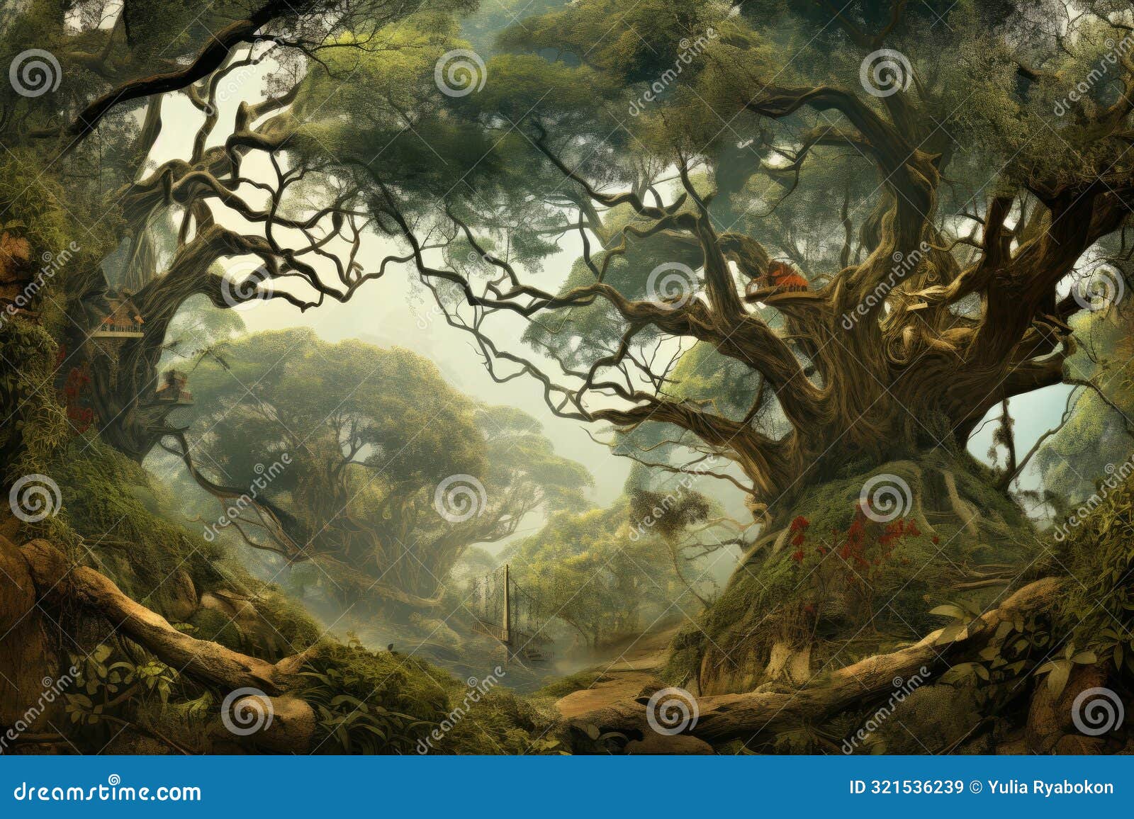Mystical Digital Artwork of a Lush Forest Scene with Sprawling Ancient ...