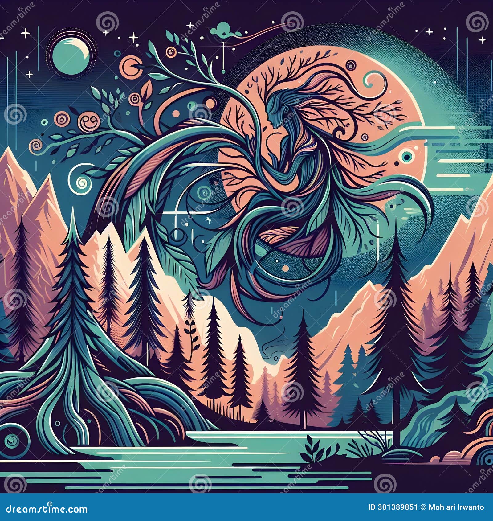 Illustration of Tranquil Nature: Whimsical Forests and Mountains Eps 12 ...