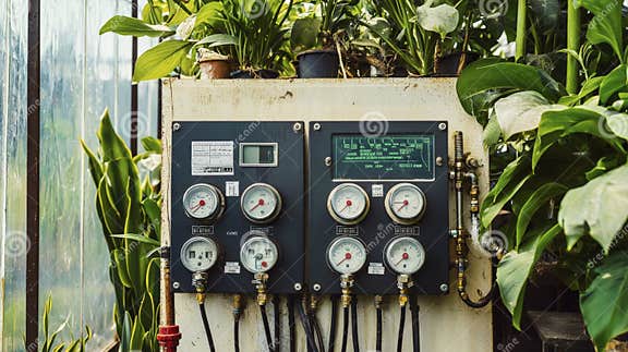Automatic Irrigation Control Panel with Dials in a Greenhouse Setting ...