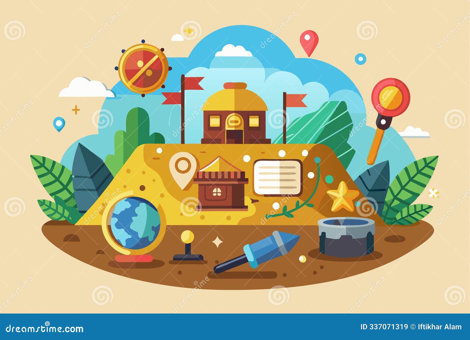 Explore a Lively Illustration of a Treasure Hunt Featuring Tools, a Map ...