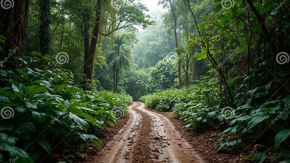 Explore a Muddy Rainforest Path with Towering Trees and Hanging Vines ...