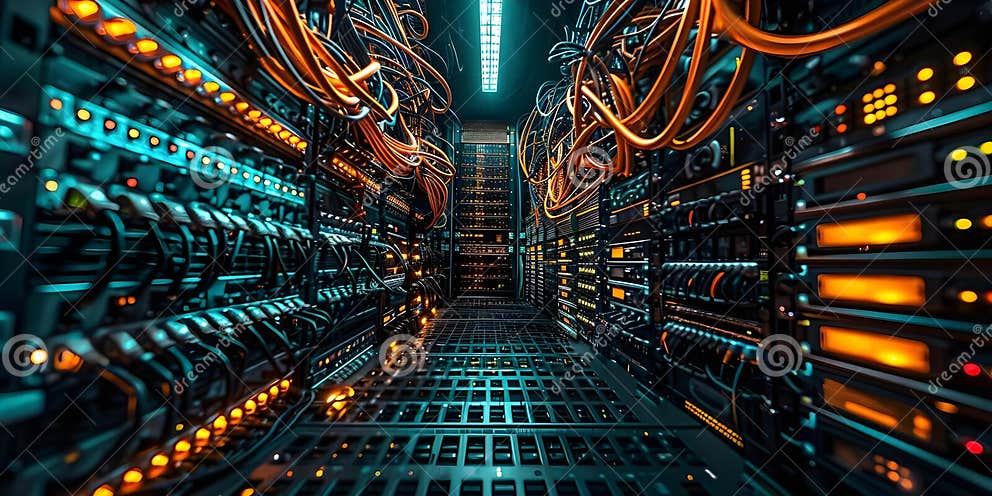 Explore a Network Operation Center with Rows of Servers and Cables ...