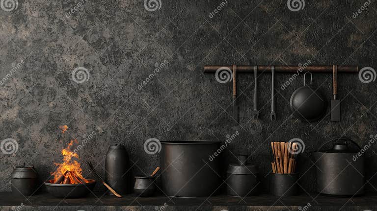 Rustic Kitchen Scene with Cooking Utensils and Fire Stock Illustration ...