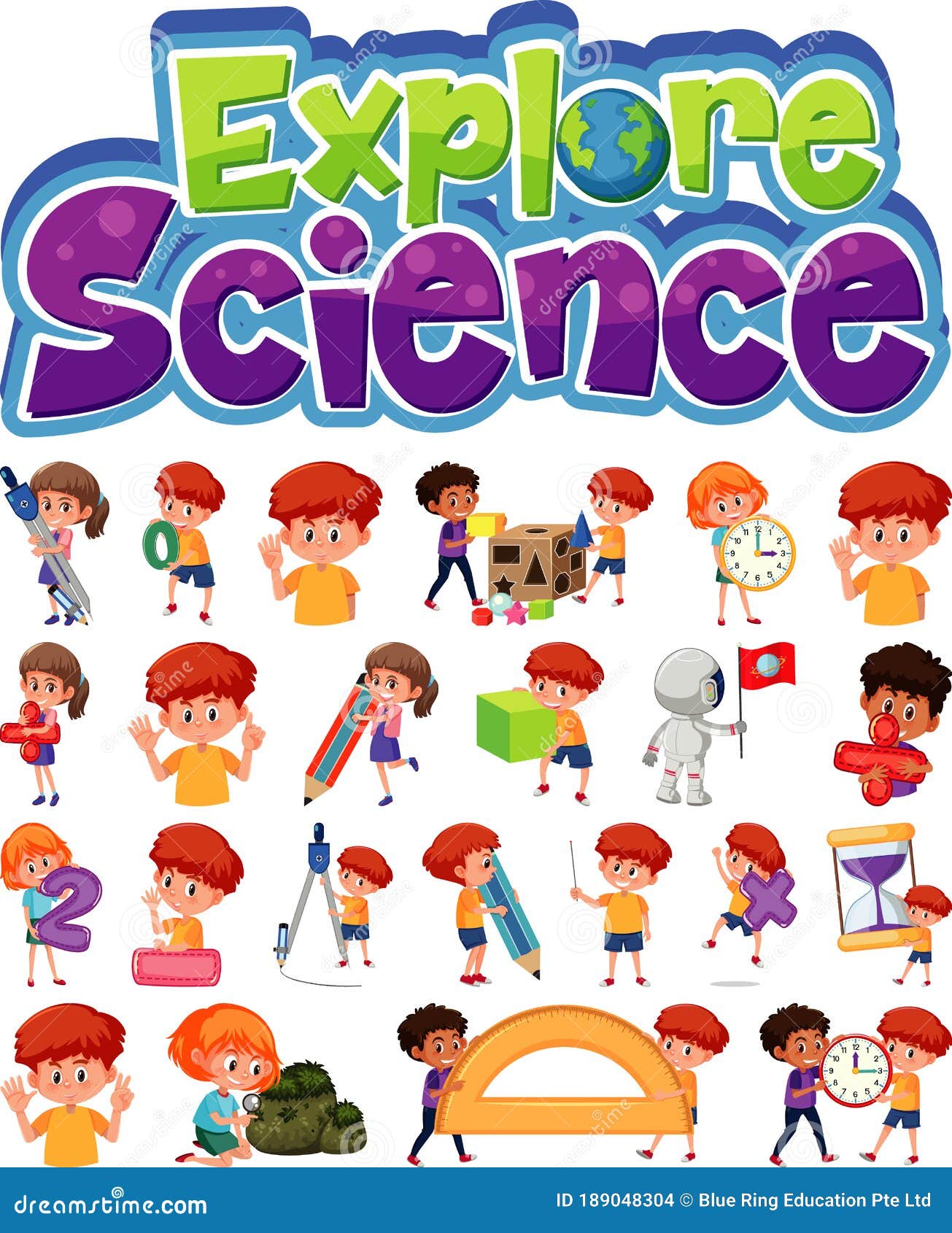Explore Science Logo and Set of Children with Education Objects ...
