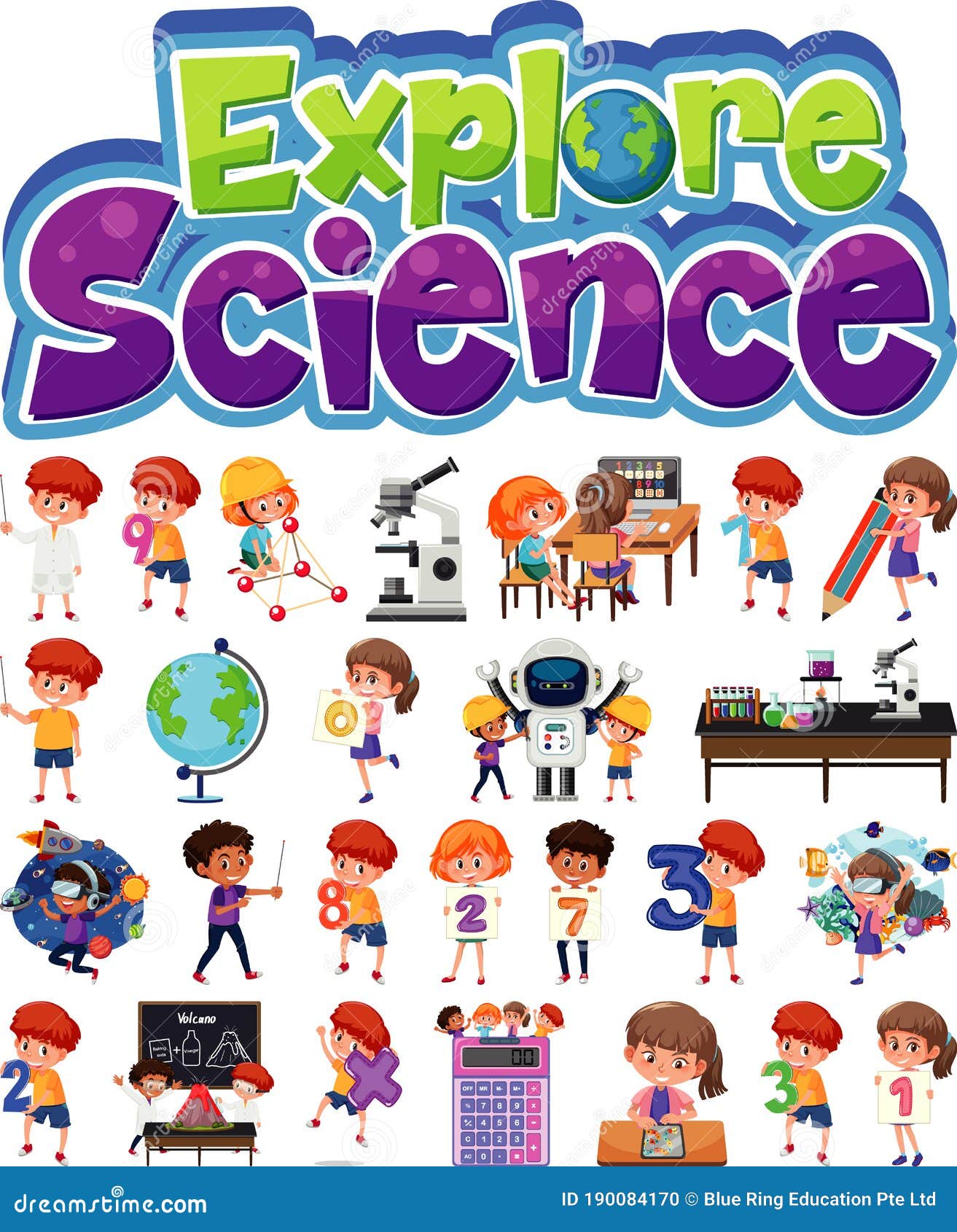 Explore Science Logo and Set of Children with Education Objects ...