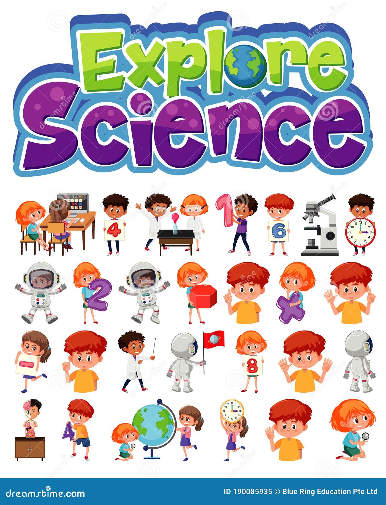 Explore Science Logo With Different Kids Isolated Cartoon Vector ...