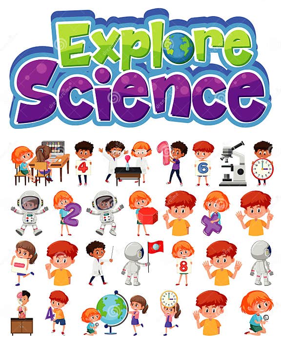 Explore Science Logo and Set of Children with Education Objects ...
