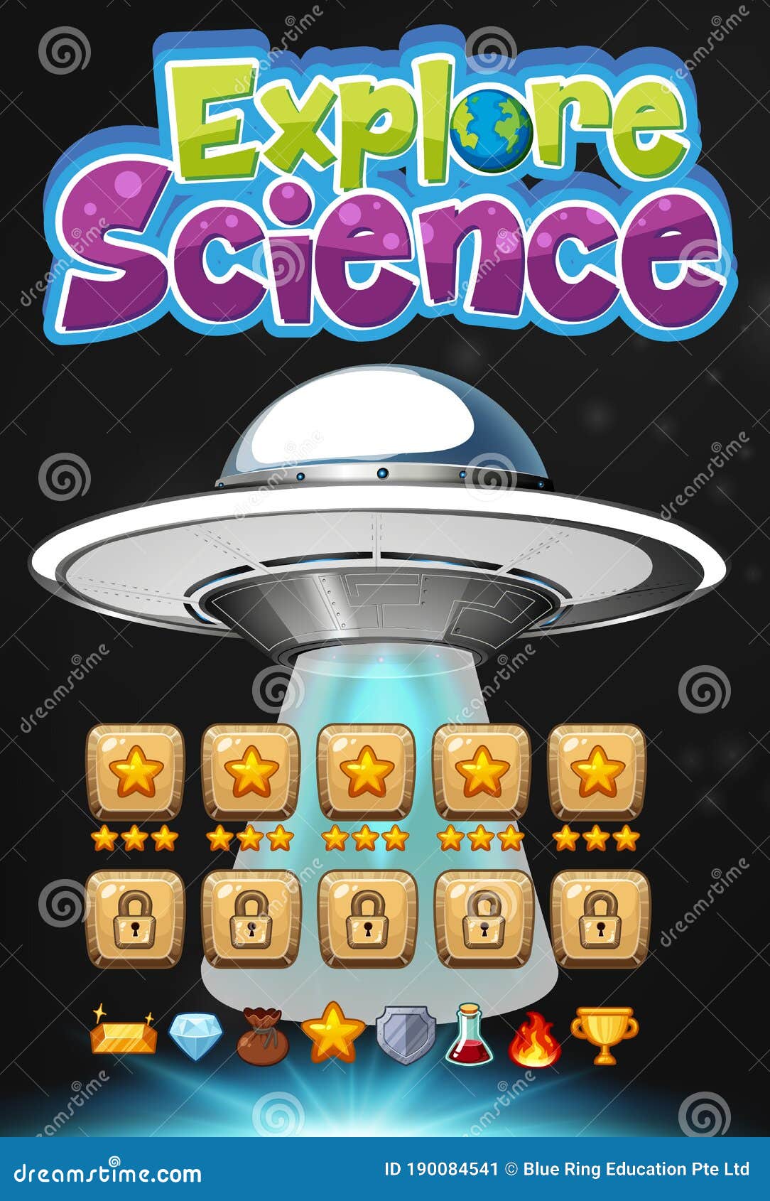 Explore Science Logo With Ufo Game Background Scene Cartoon Vector ...