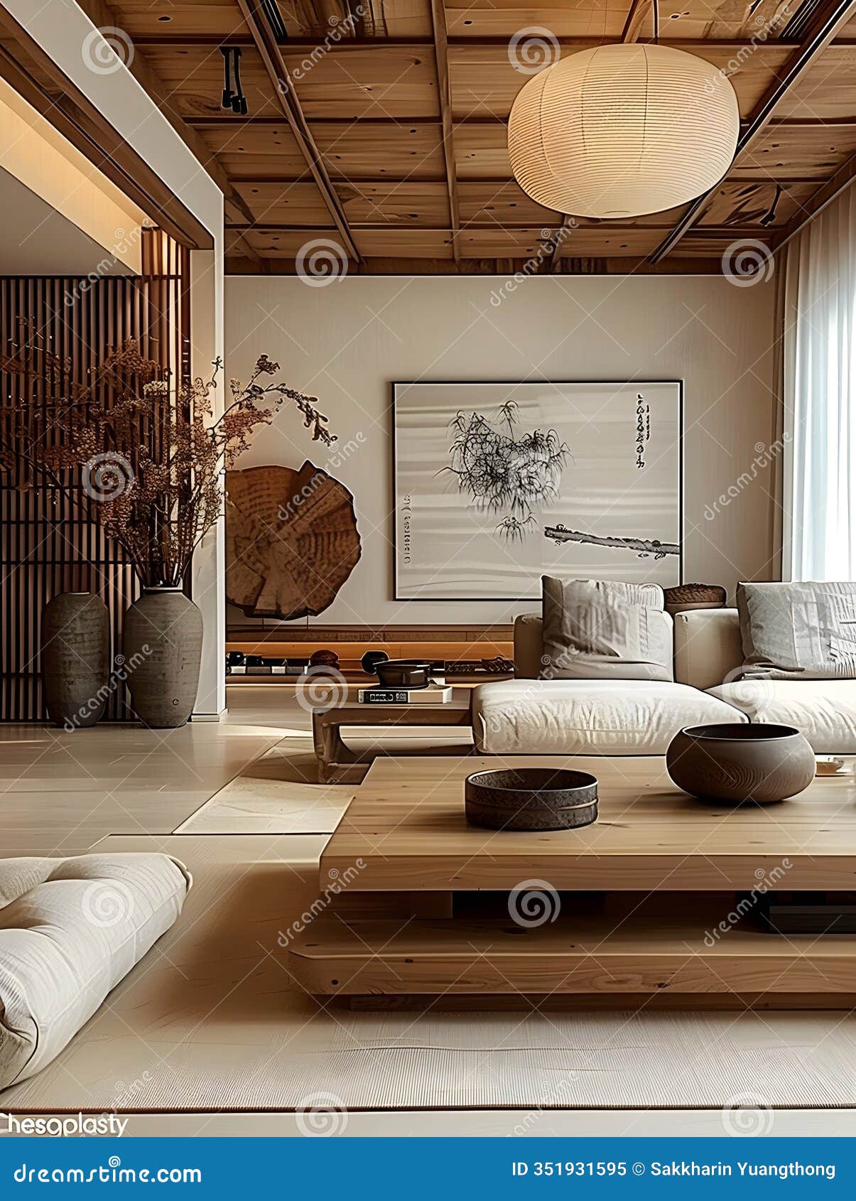 Modern Chinese Interior Design in Natural Tones Stock Illustration ...