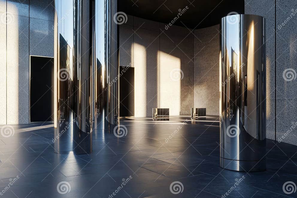 A Modern Architectural Space Featuring Reflective Columns and Natural ...