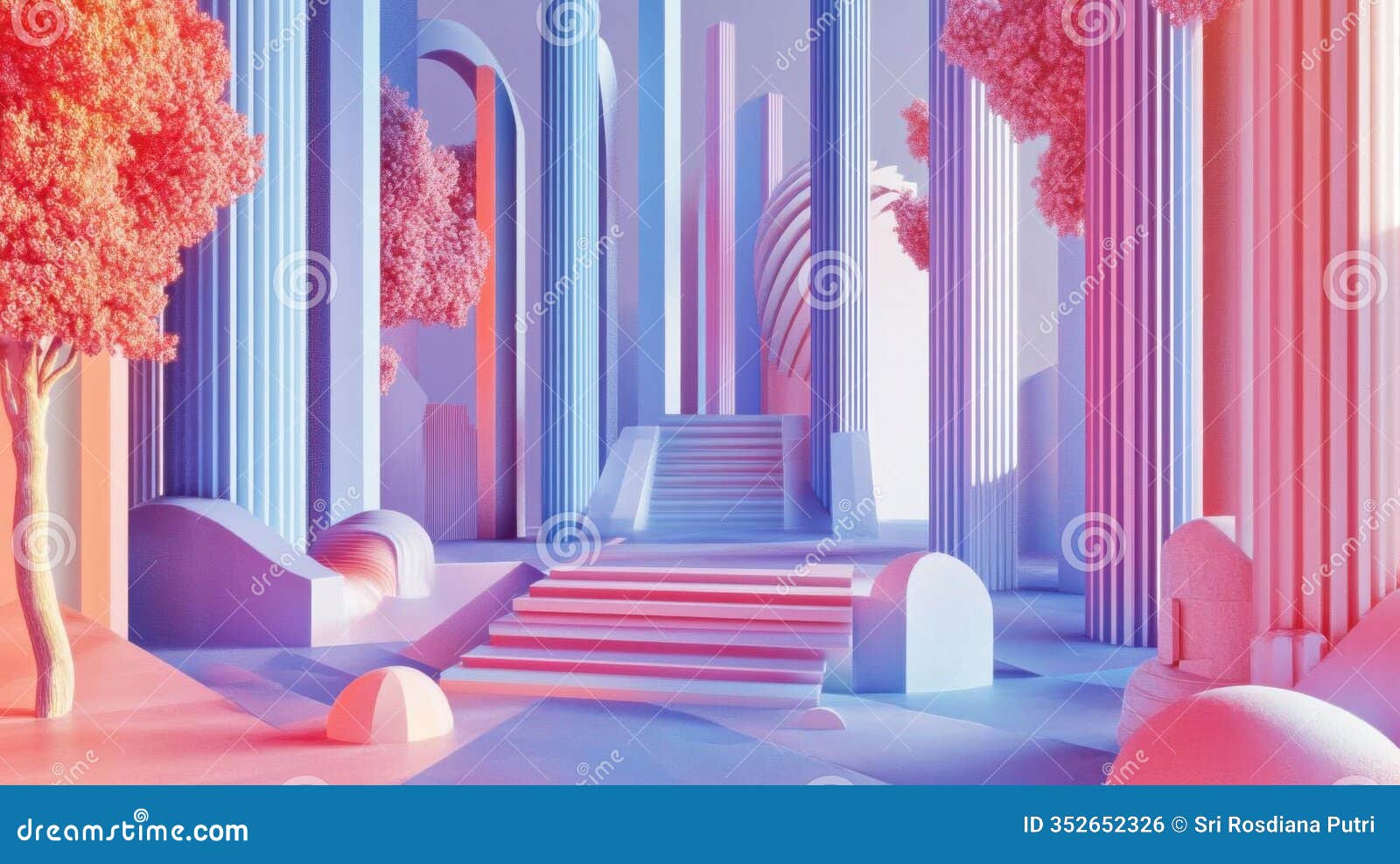 Explore a Surreal Landscape, Pink and Blue Columns, Stairs, and Trees ...