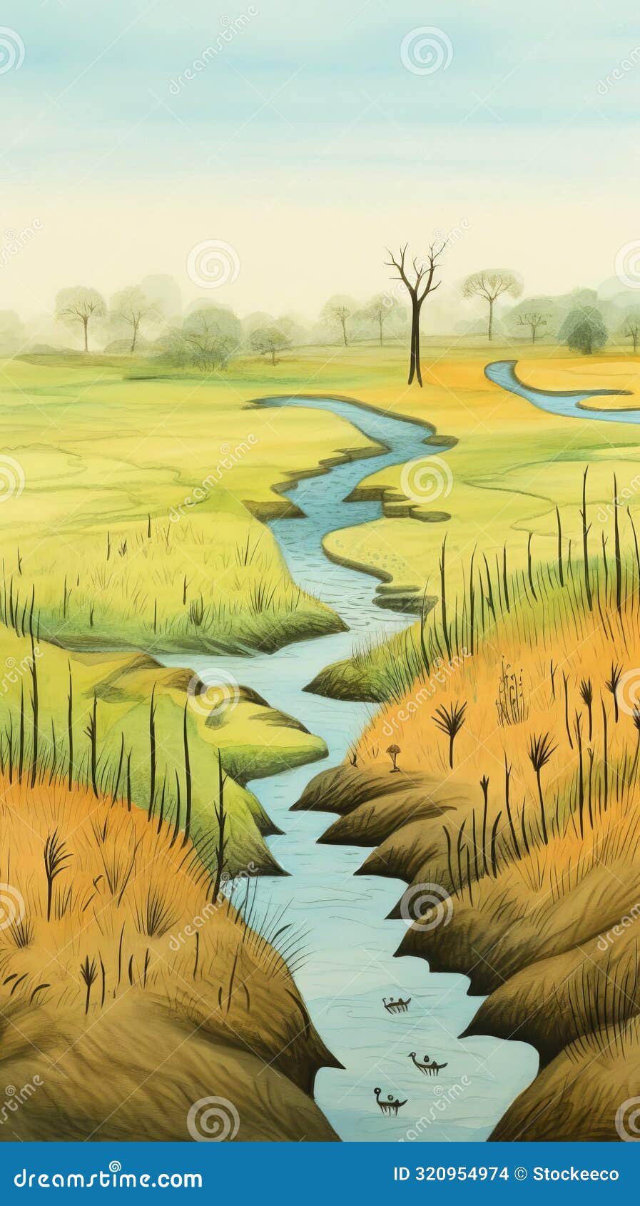 Crayon Style River View of Dwarves in Marsh Plains Stock Illustration ...