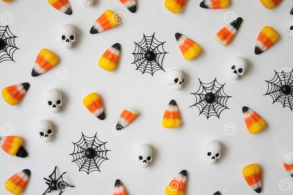 Colorful Halloween Candy Corn and Skull Decorations on White Background ...