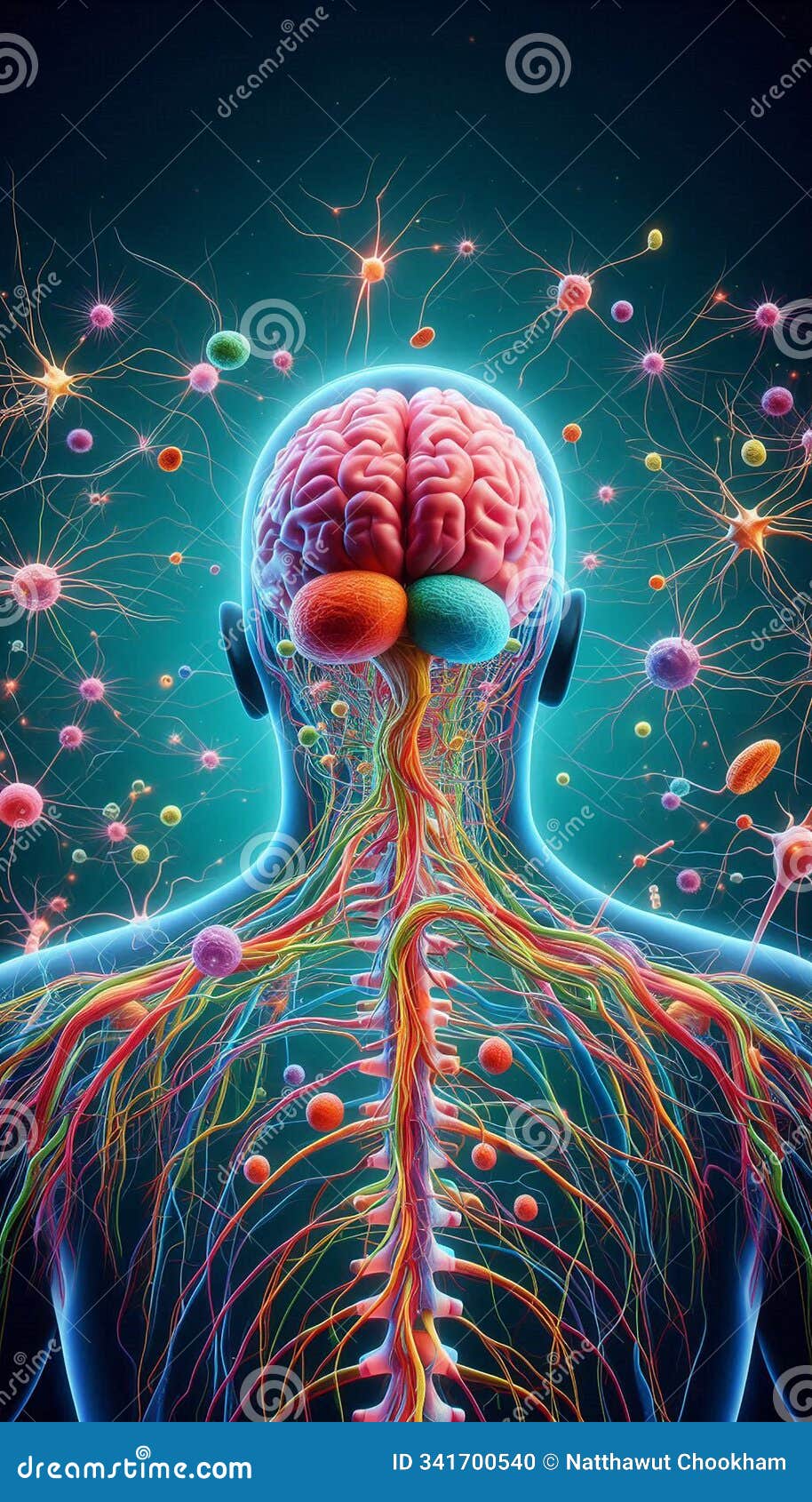 Human Nervous System with Colorful Neurons and Brain Stock Illustration ...