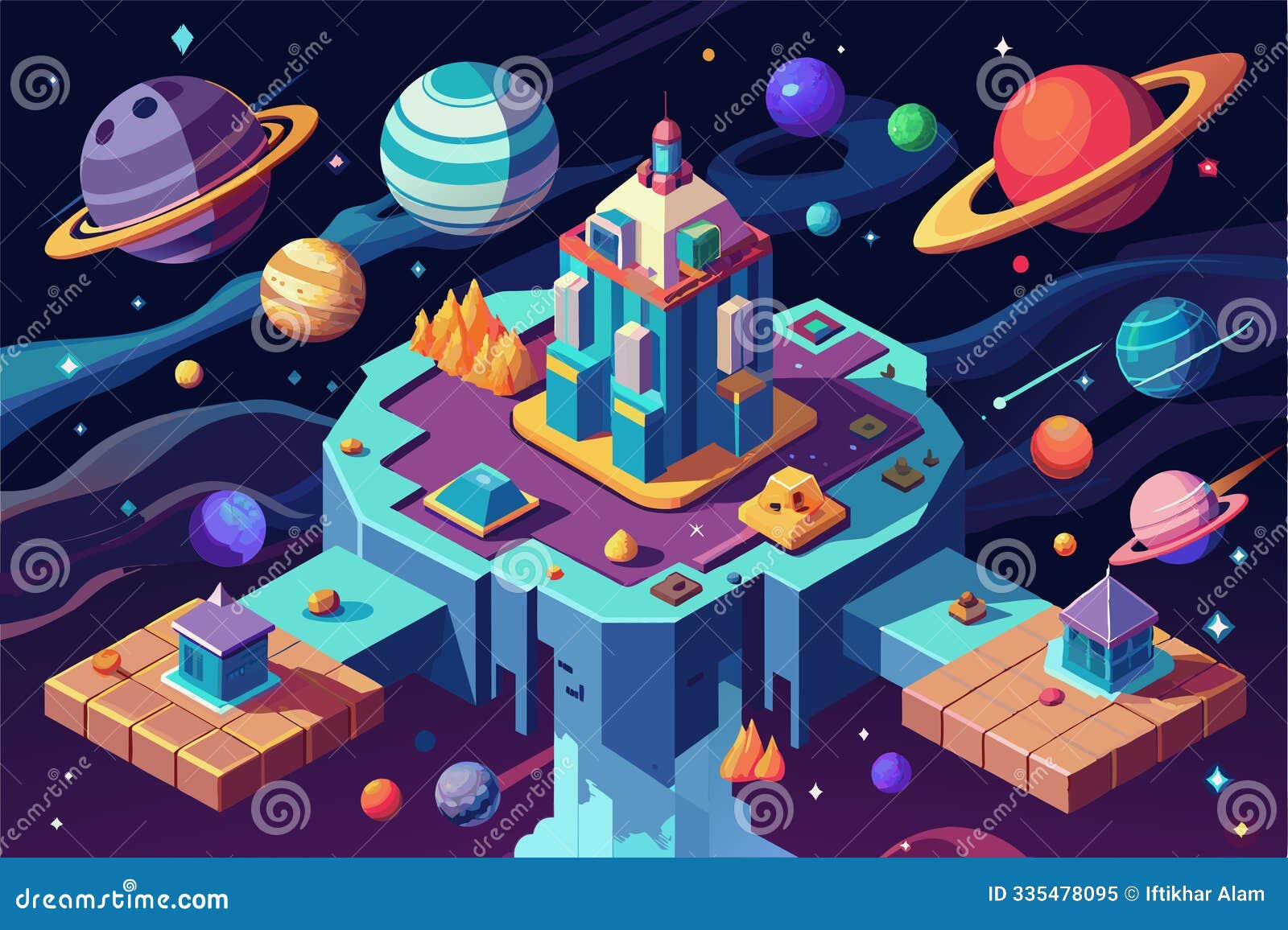 Explore a Vibrant Isometric Outer Space Illustration Featuring Planets ...