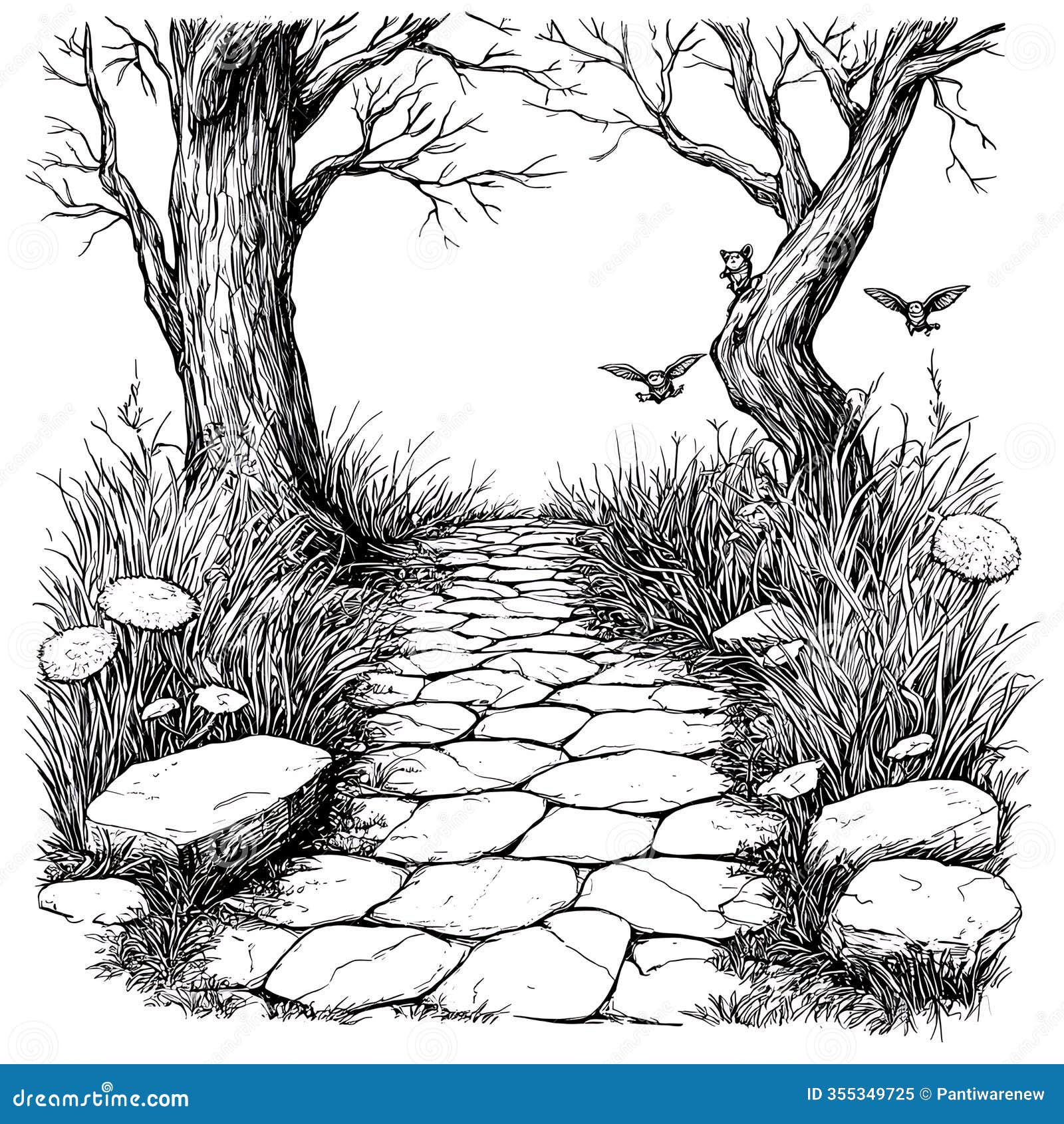 Whimsical Pathway in Black and White Coloring Book Stock Illustration ...