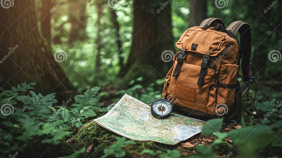 Explore the Wilderness with a Map, Compass, and Backpack Surrounded by ...